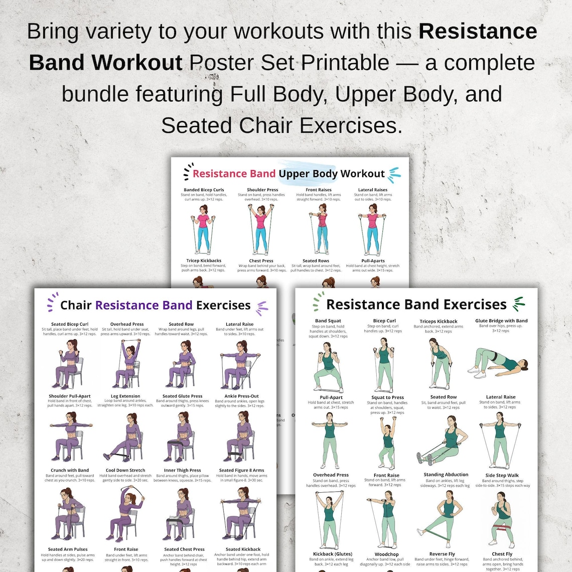 Resistance Band Workout Poster Set Printable - Full Body, Upper Body ...