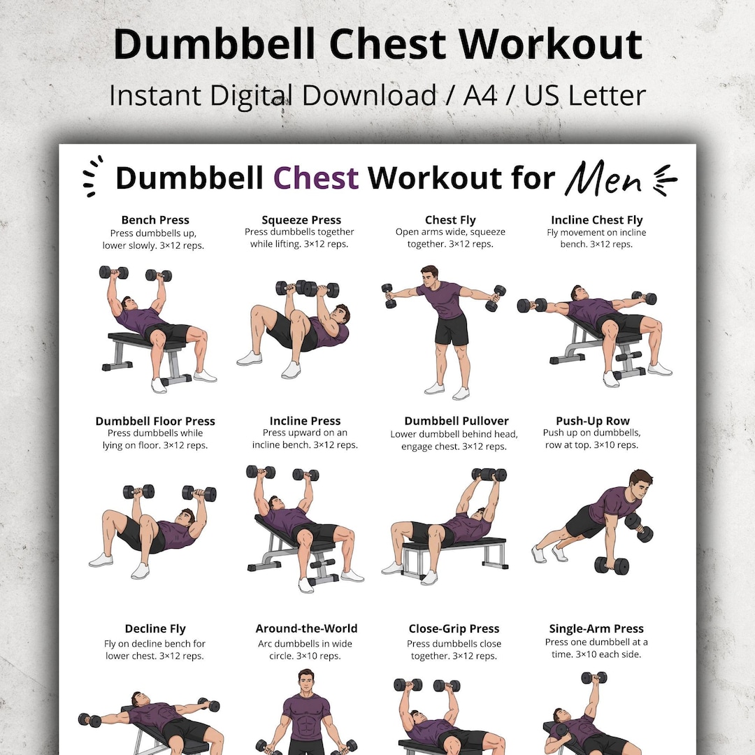 Dumbbell Chest Workout for Men Printable, Upper Body Exercise Poster ...