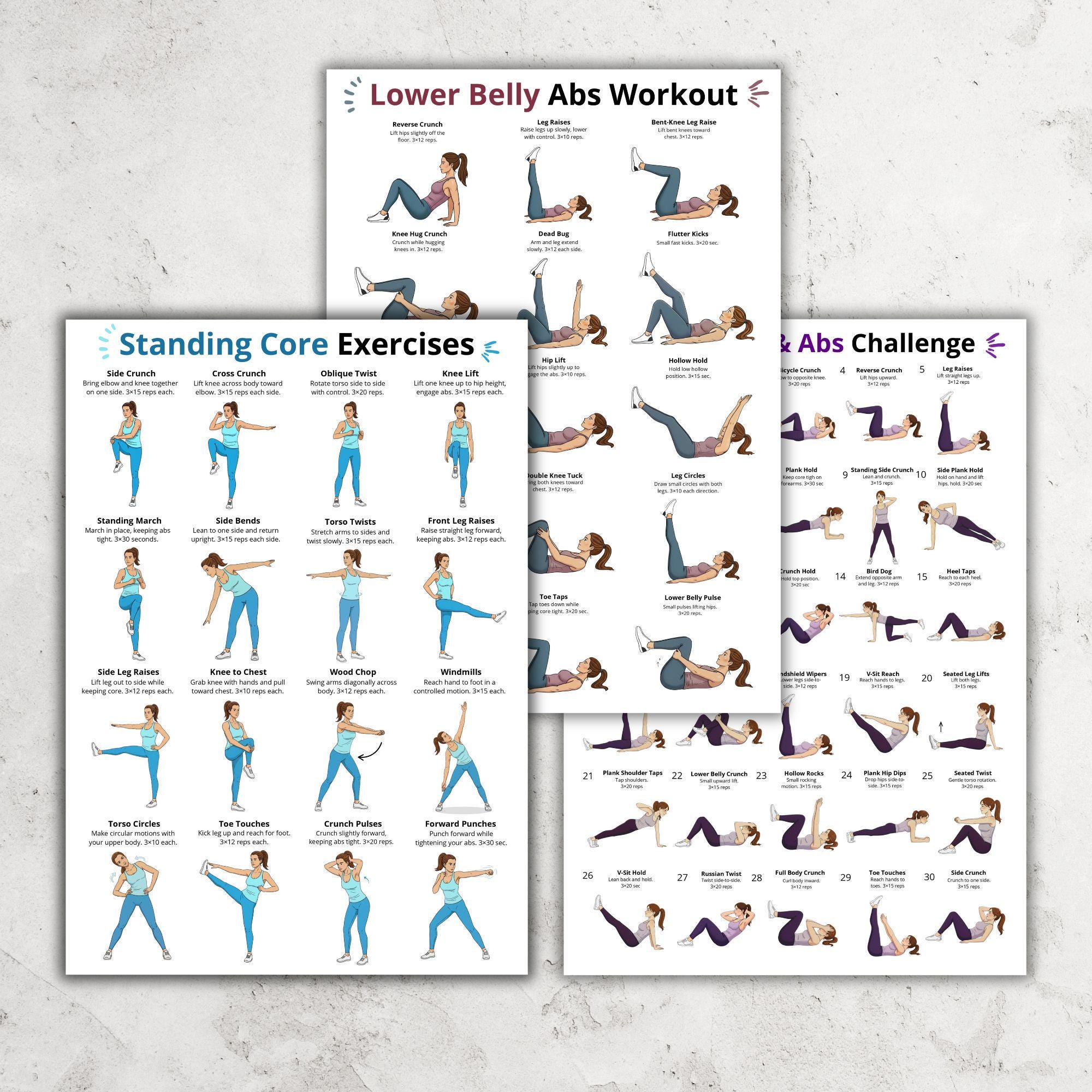 Core & Abs Workout Charts Set, Standing Core Exercises, Lower Belly Abs ...