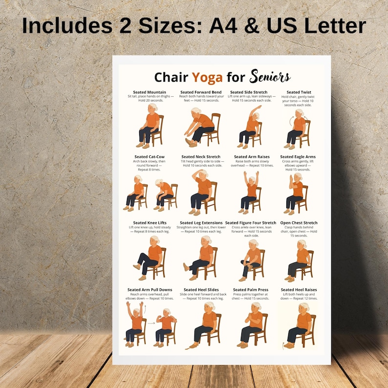 Chair Yoga for Seniors – Printable Seated Yoga Chart With 16 Gentle ...