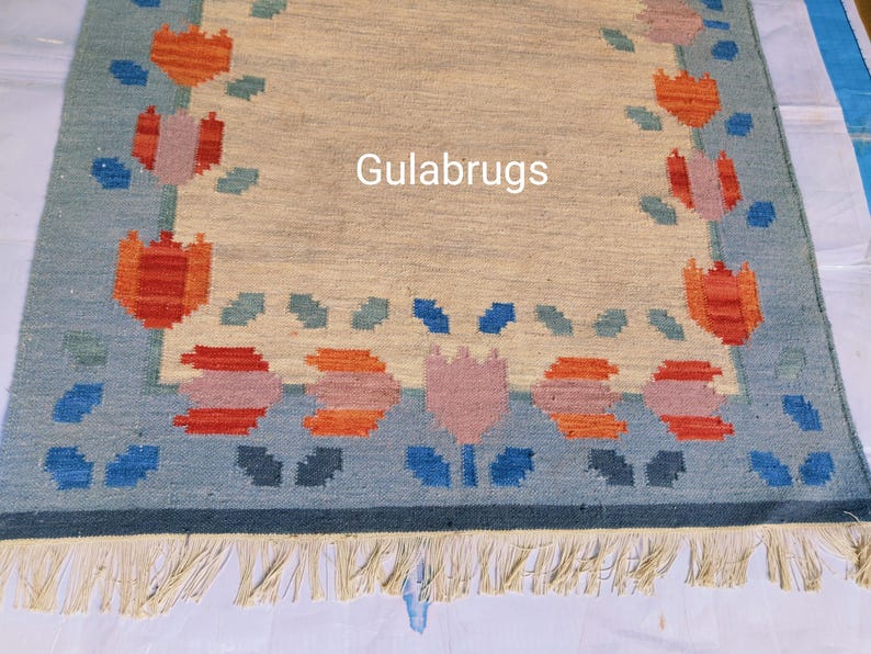 Buy Mid-century Swedish Tulip Floral Rug Wool Kilim Rug: 3x5 Ft in Off ...