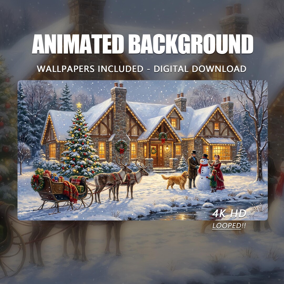 Anime Animated Background, Snowy Christmas Eve Reindeer Sleigh Awaiting ...