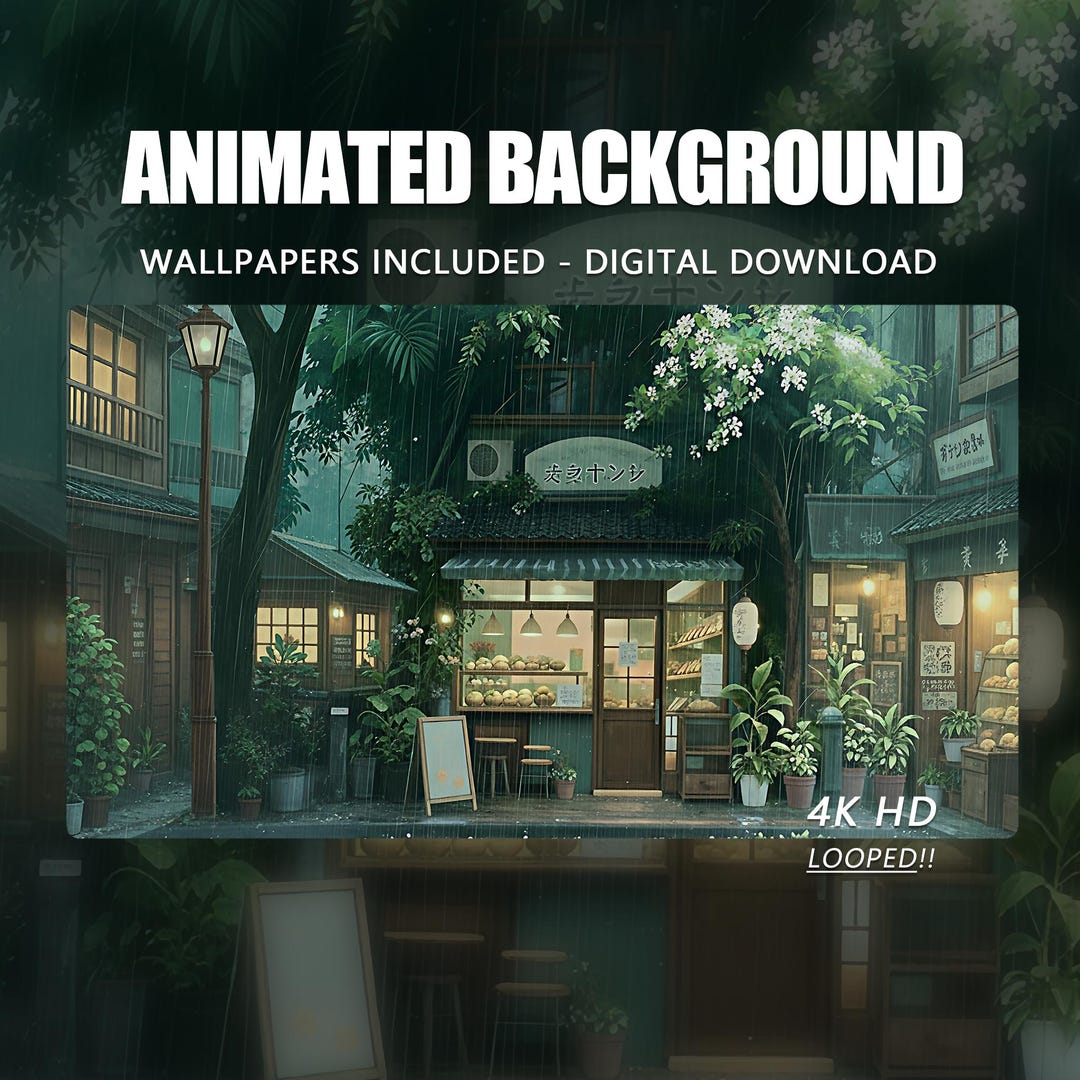 Fondo animado, panadería japonesa, acogedora calle nocturna lluviosa ...