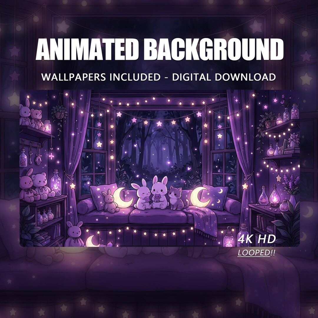 Animated Cottagecore Background, Bunny Friends, Purple Sofa, Fireflies ...