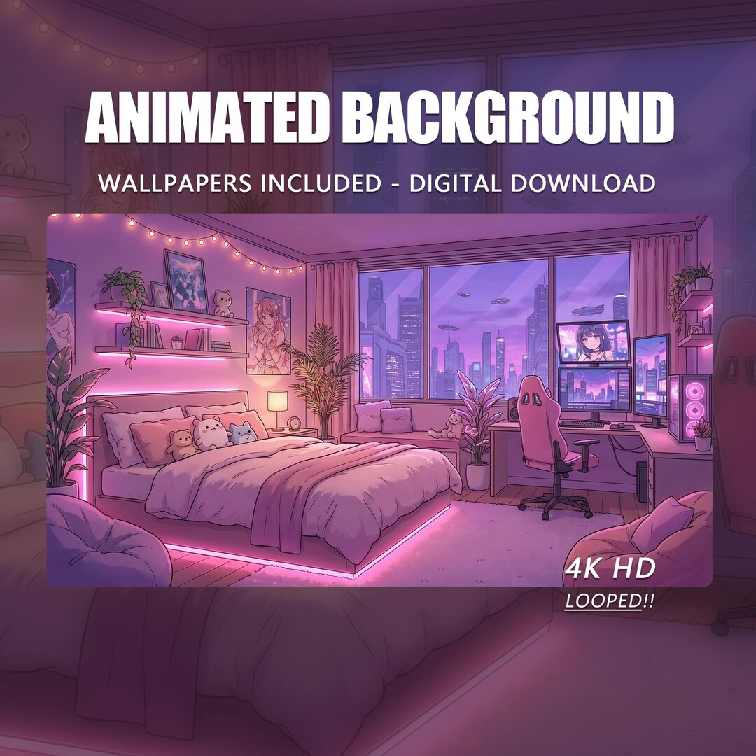 Animated Anime Gaming Room Background, Neon Pink Cozy Vibe (digital ...