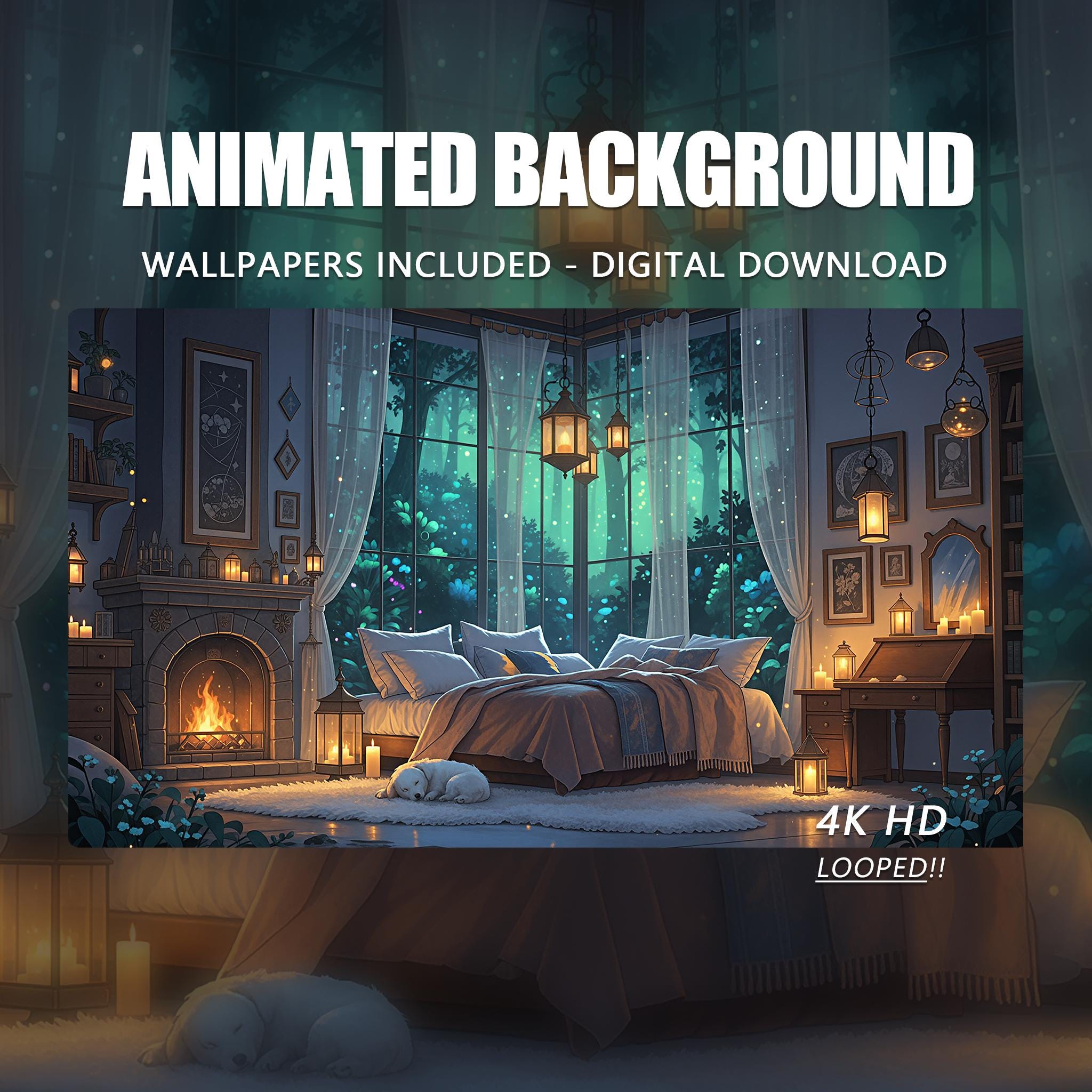 Animated Background, Cozy Forest Retreat Sleepy Puppy & Fireplace ...