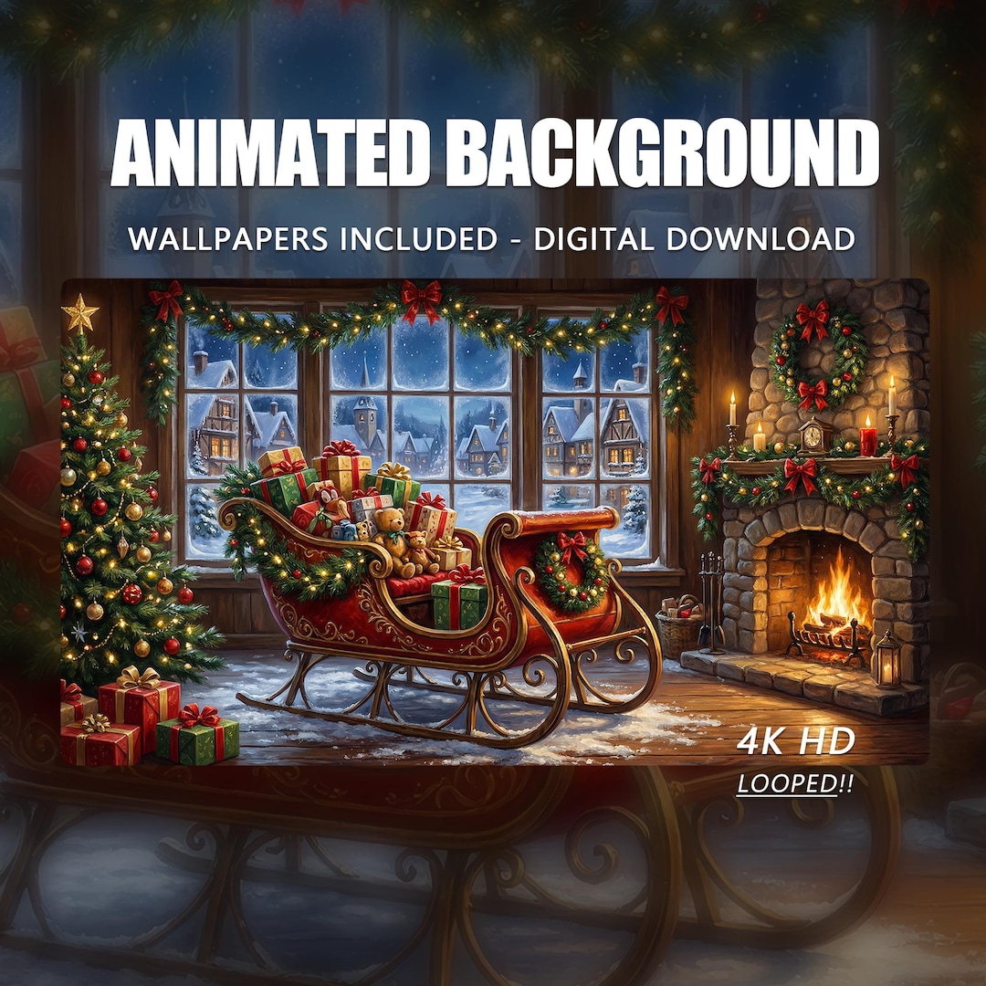 Anime Animated Background, Cozy Christmas Red Sled Overflow With Gifts ...
