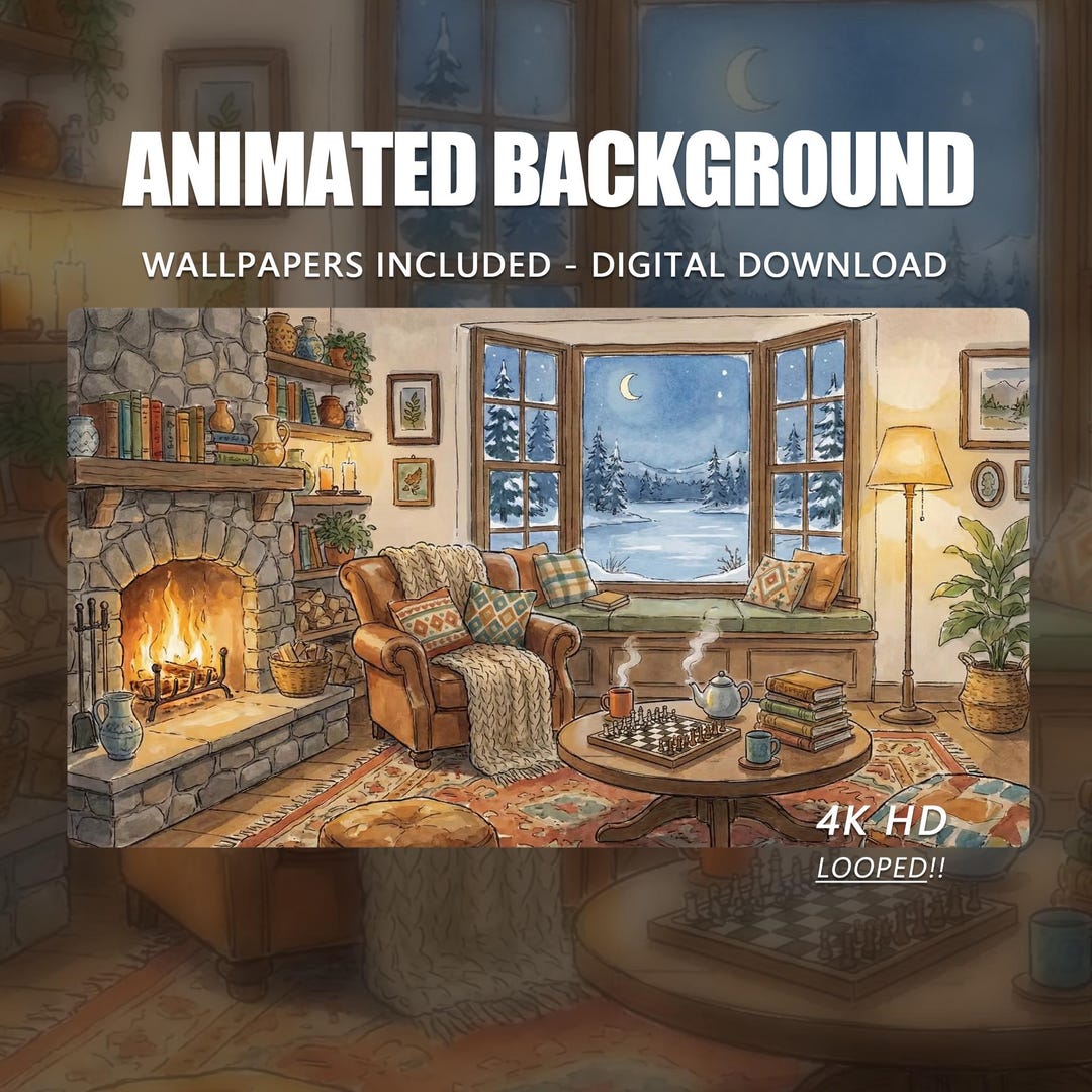 Anime Animated Background, Winter Retreat, Gentle Fire & Snowfall, Cozy ...