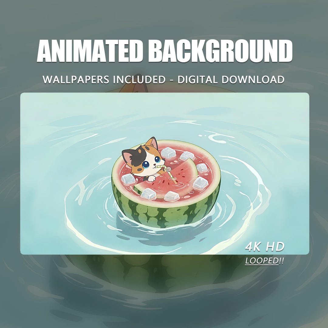 Animated Background, Watermelon Cat Sipping Kitten in Fruit Boat With ...
