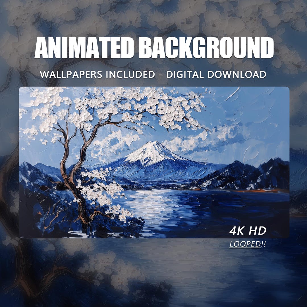 Animated Background, Mountain Fuji Lake Snow-capped Peaks & Blossom ...