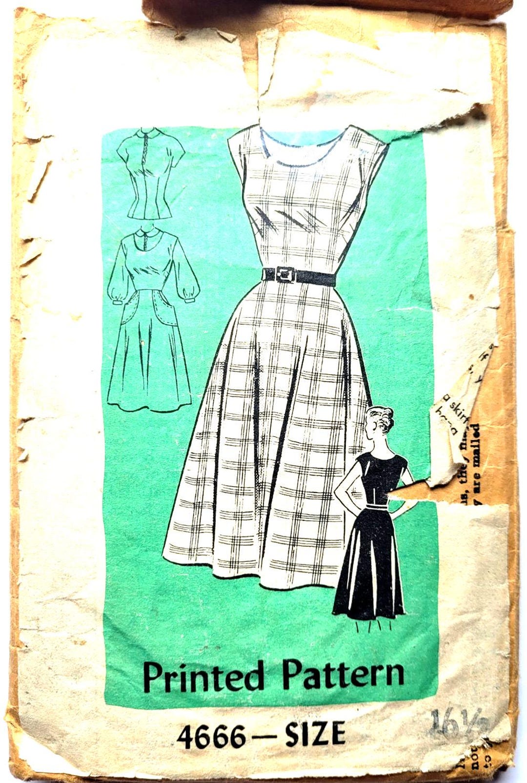 Mail Order 4666 1950s Sewing Pattern for Sleeveless Day Dress With Belt ...