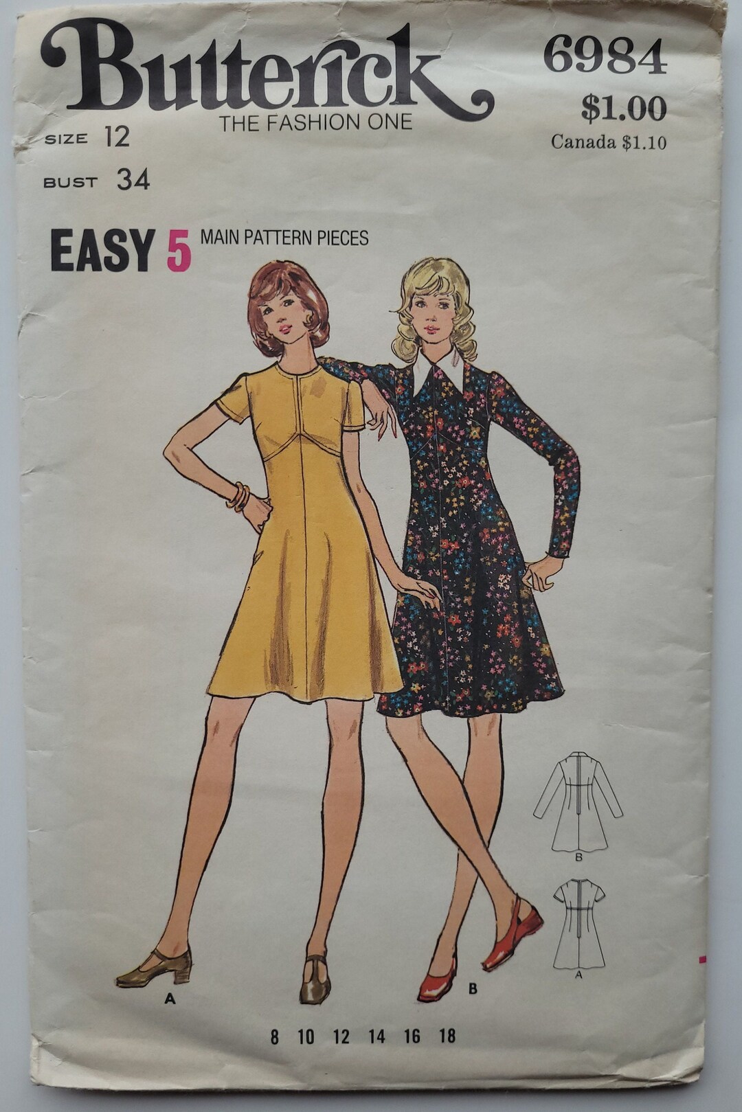 Bust 34 70s Sewing Pattern for Easy Long or Short Sleeve Dress With ...