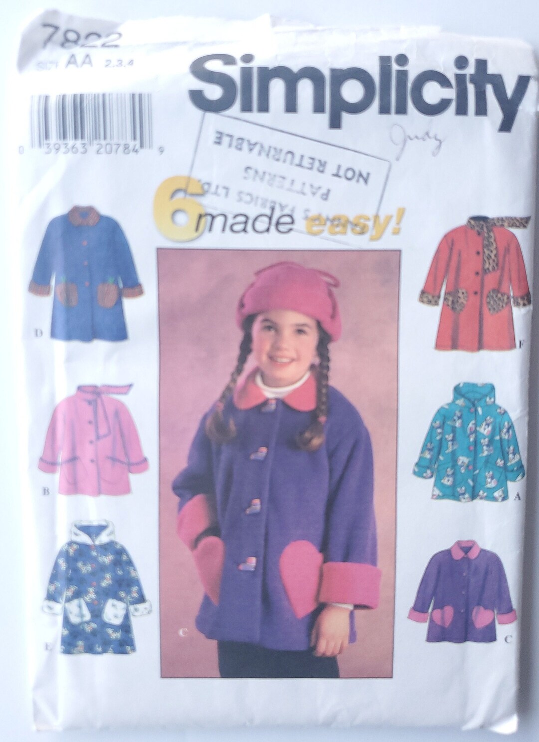 Kids' Coat Pattern - UNCUT Sewing Pattern for Easy Jacket or Coat With ...