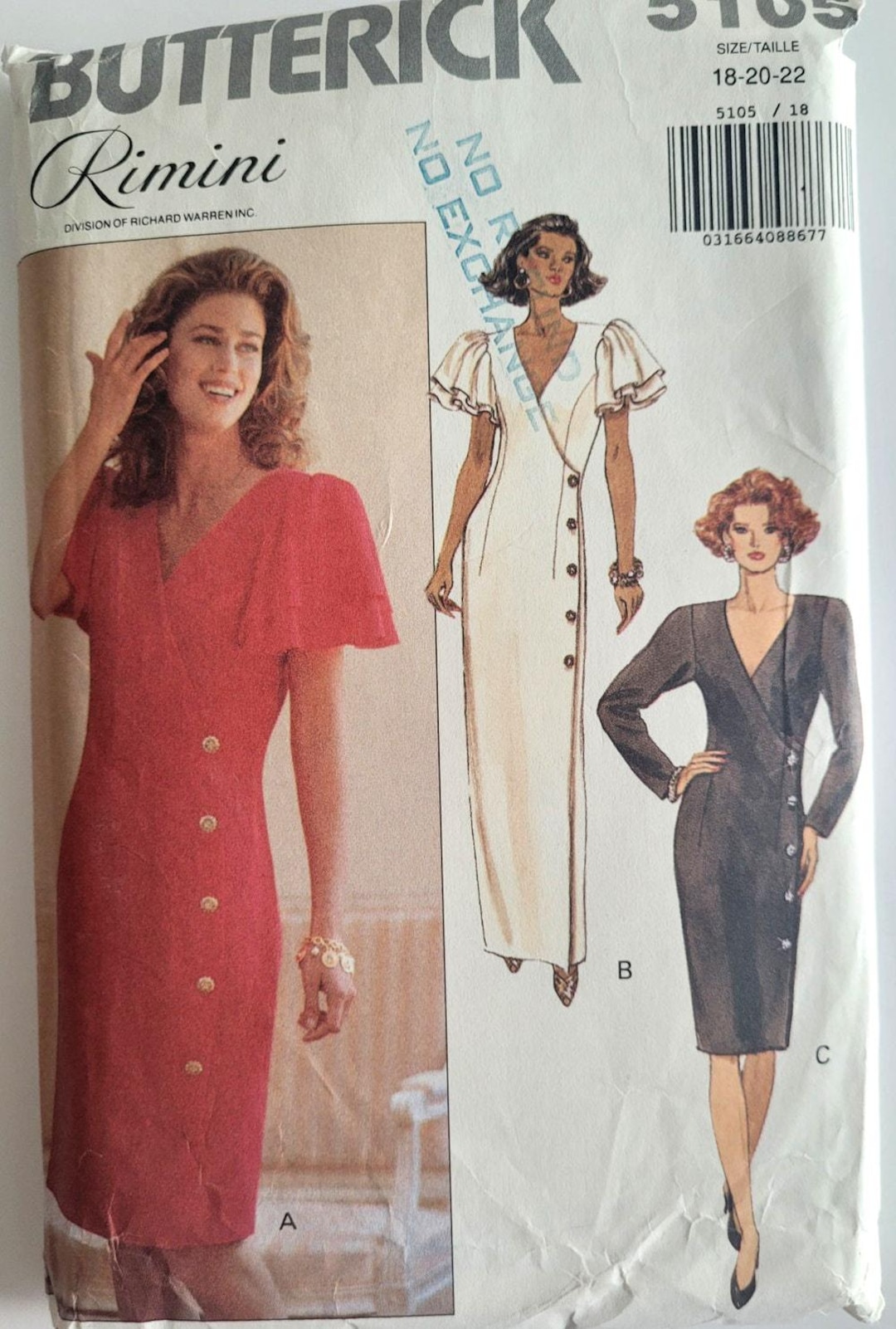 Butterick 5105 Vintage 90s Sewing Pattern for Mock Wrap Formal Dress ...