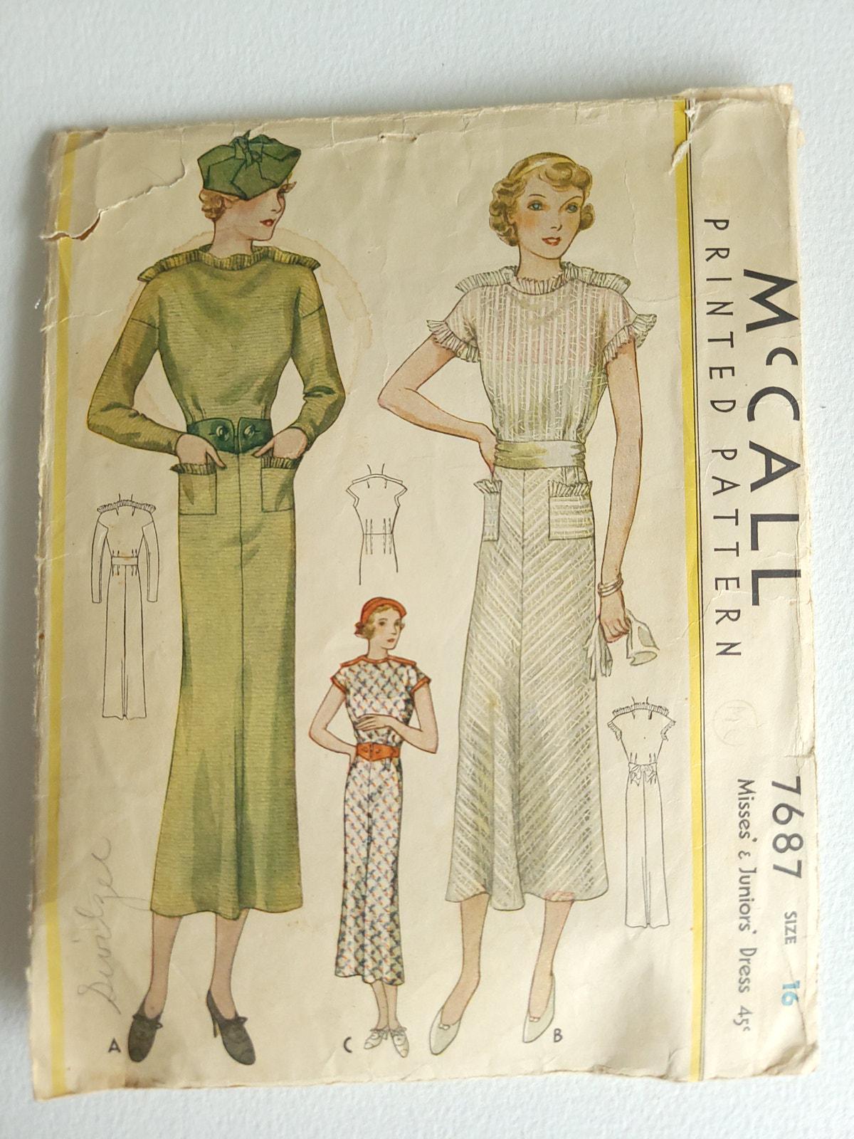 1930s Sewing Pattern for Dress With Belt or Sash, Pleated Trim, and ...