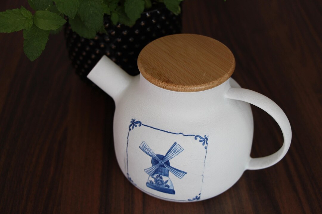 Delft Blue Teapot With Wooden Lid – White Ceramic Look Pot With Dutch ...