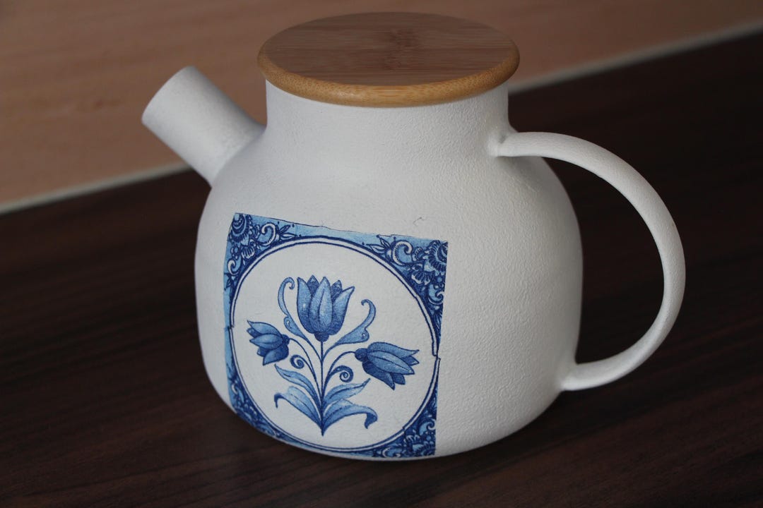 Delft Blue Teapot With Wooden Lid – White Ceramic Look Pot With Dutch ...