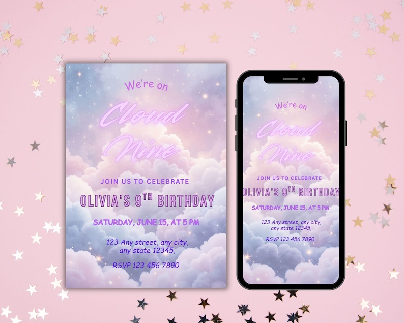 Cloud Nine Birthday Invitation, Pastel Dreamy Sky Party Invite (digital ...
