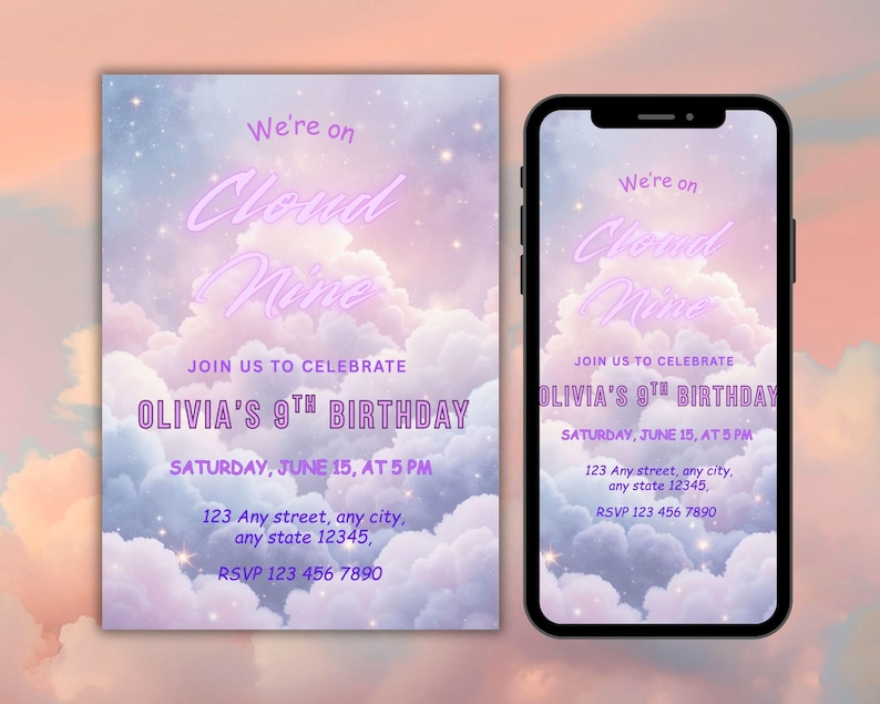 Cloud Nine Birthday Invitation, Pastel Dreamy Sky Party Invite (digital ...