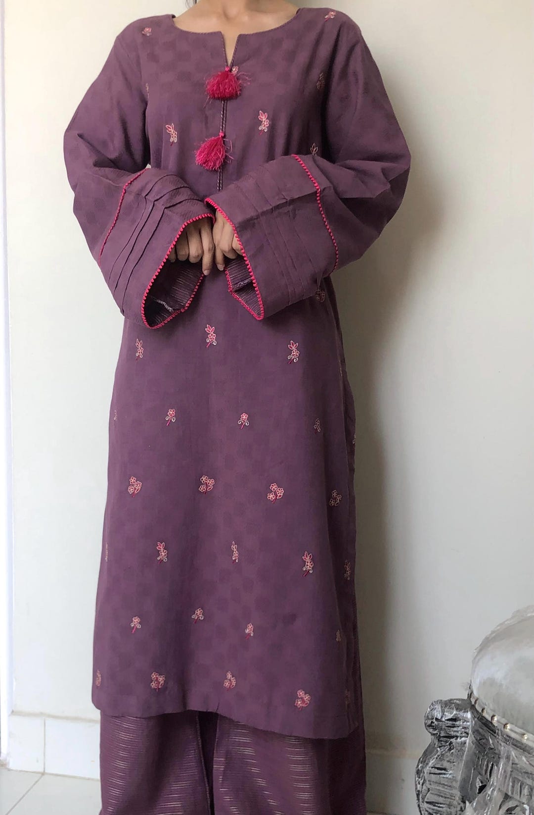Hand Embroidered Purple Lawn Suit: Pakistani Plazo Pants Set - Etsy