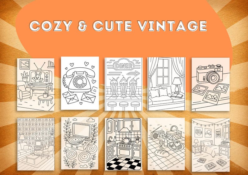 Cozy & Cute Vintage Coloring Book | 20 Printable Retro Pages for Adults ...