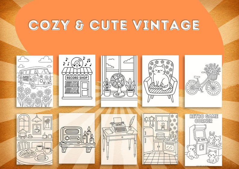 Cozy & Cute Vintage Coloring Book | 20 Printable Retro Pages for Adults ...