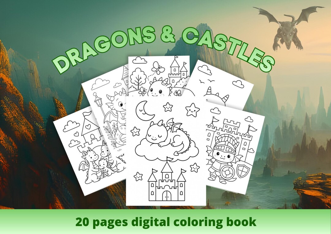 Kawaii Dragons & Castles Coloring Book for Kids | 20 Cute Fantasy Pages ...