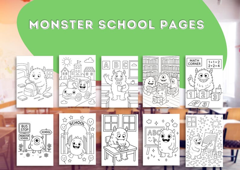 20 Cute Monster School Coloring Pages | Kawaii Classroom Scenes for ...