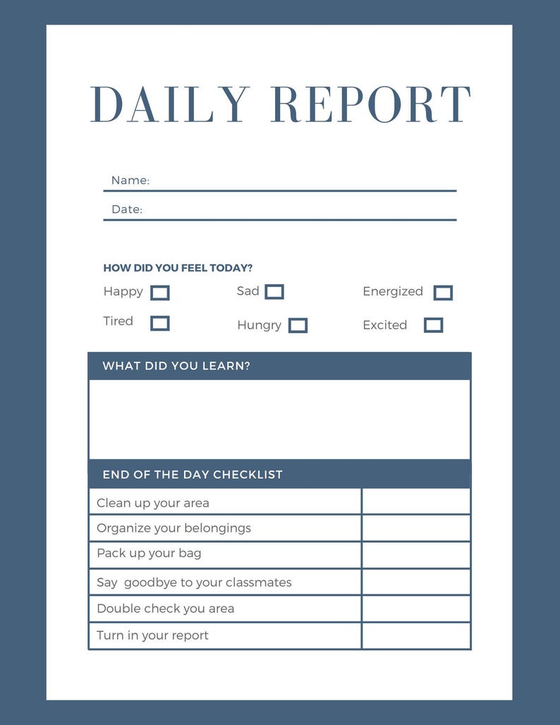 Student Daily Report Checklist Cleanup Printable Editable Home and ...