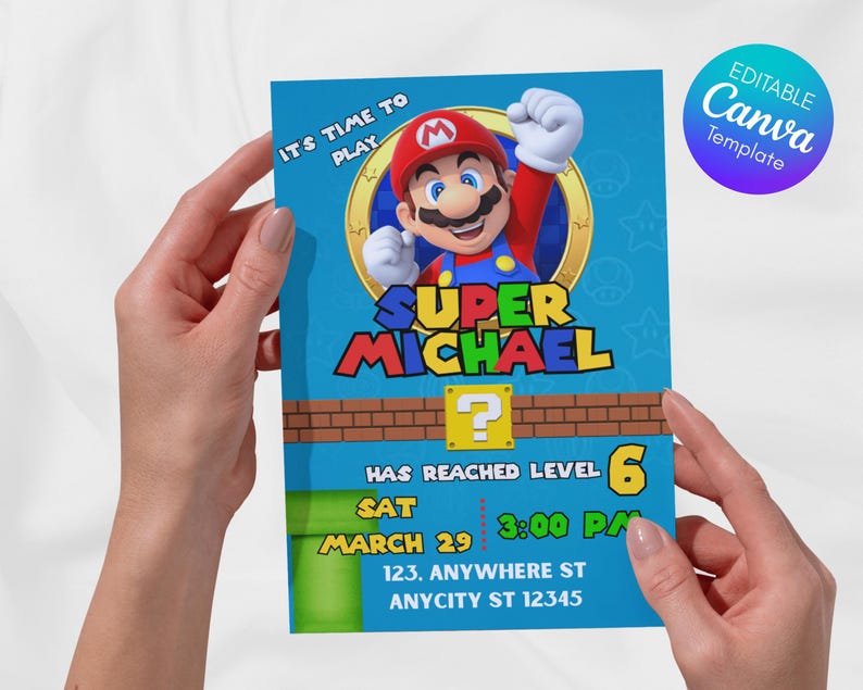 Super Mario Birthday Invitation Template | Editable Canva Nintendo ...
