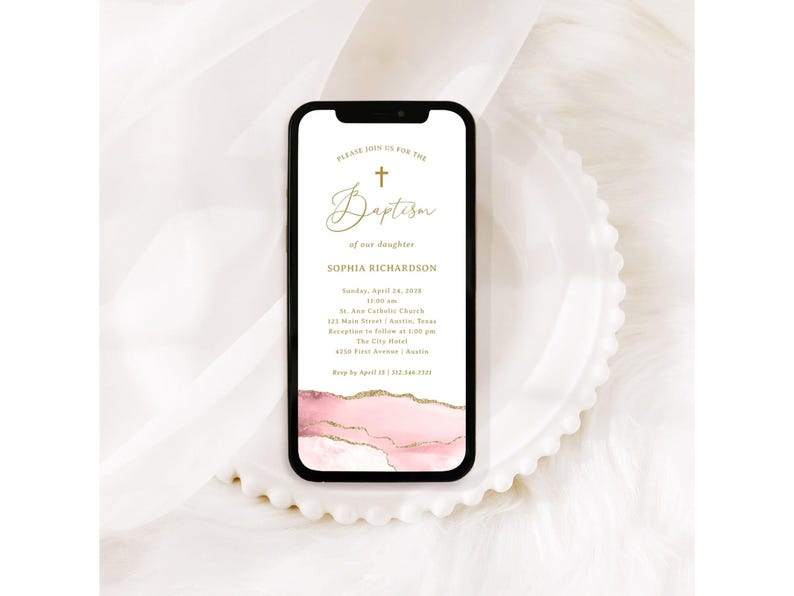 Girl Baptism Invitation Canva Template, Blush Pink Gold Geode and Cross ...