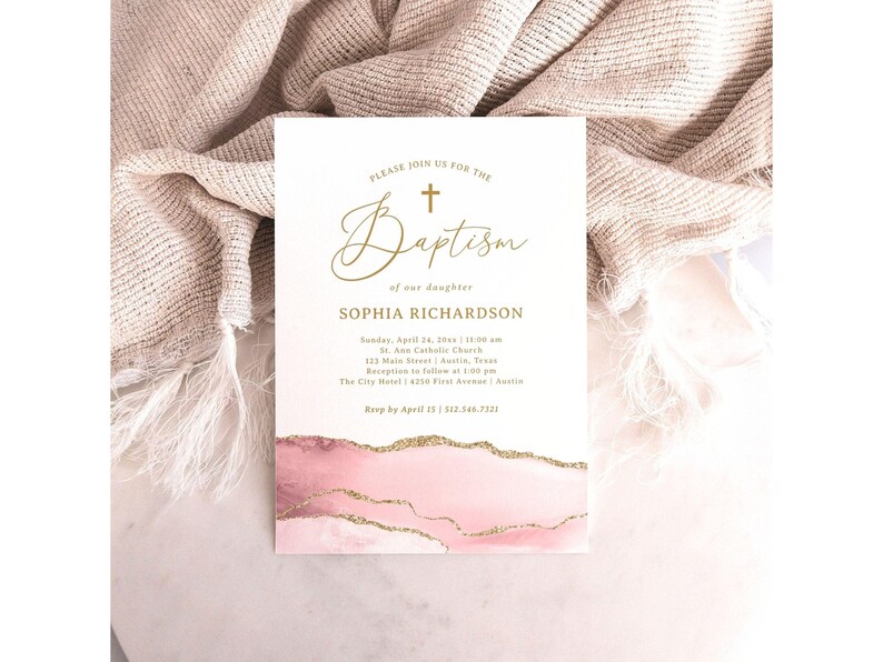 Girl Baptism Invitation Canva Template, Blush Pink Gold Geode and Cross ...