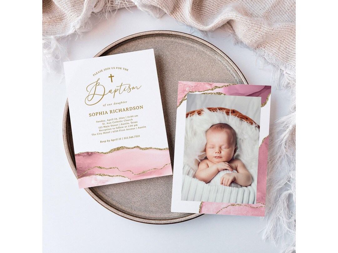 Girl Baptism Invitation Canva Template, Blush Pink Gold Geode and Cross ...