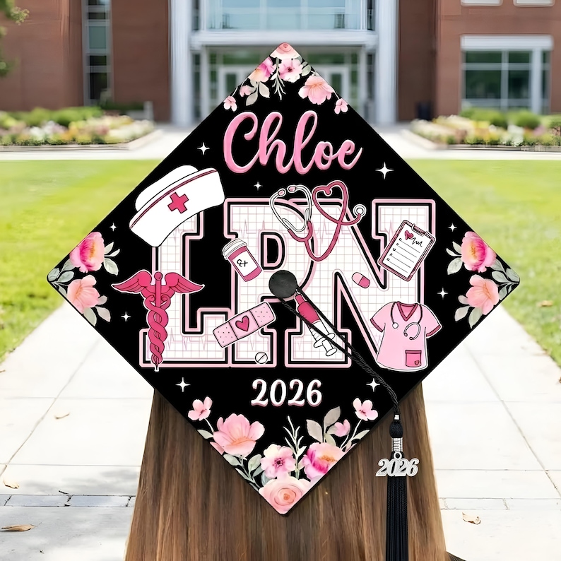 LPN Graduation Cap Topper 2026, Pink Floral Nurse Grad Cap Decor ...