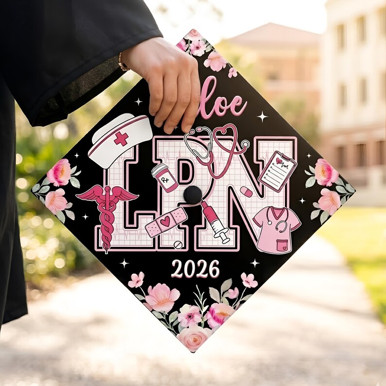 LPN Graduation Cap Topper 2026, Pink Floral Nurse Grad Cap Decor ...