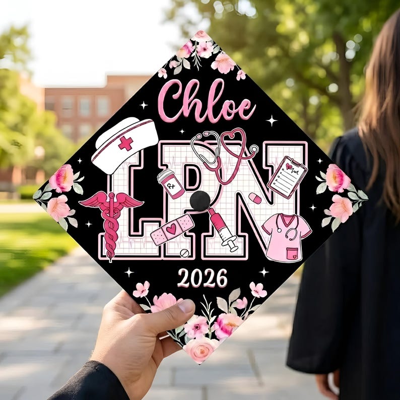 LPN Graduation Cap Topper 2026, Pink Floral Nurse Grad Cap Decor ...