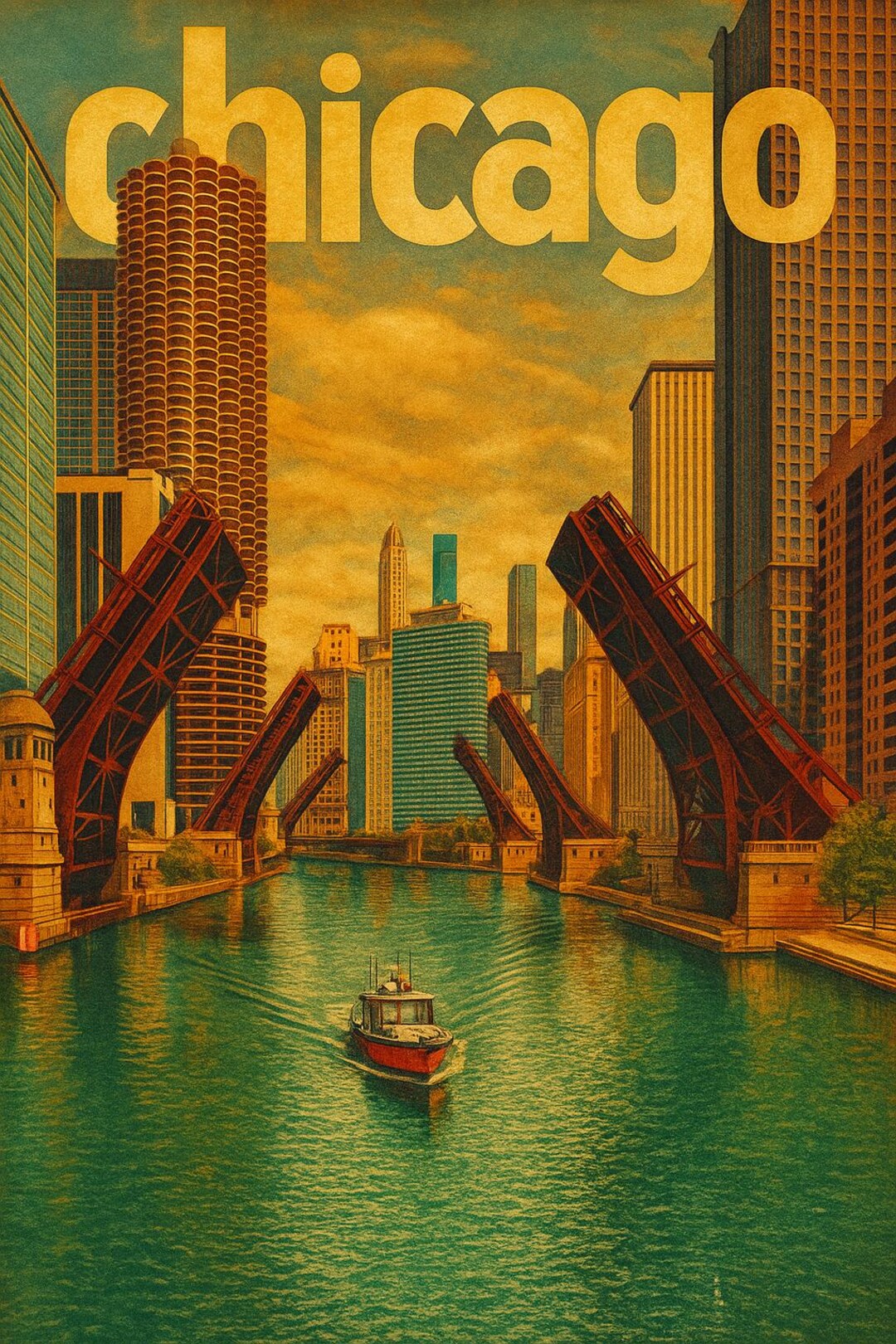 Digital Print of Chicago With River and Buildings, Portrait Style - Etsy