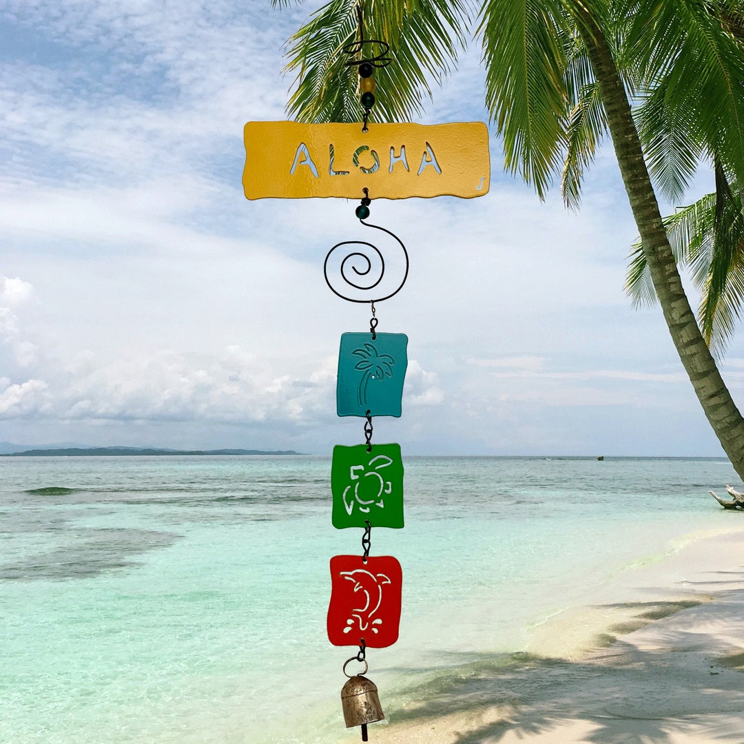Aloha PALM TURTLE DOLPHIN Symbol Recycled Metal Chime Horizontal Aloha ...