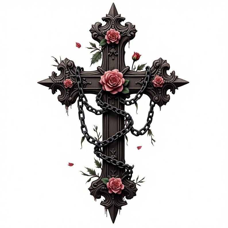 100 Gothic Cross Designs With Roses and Chains. Dark Tattoo Vector Art ...
