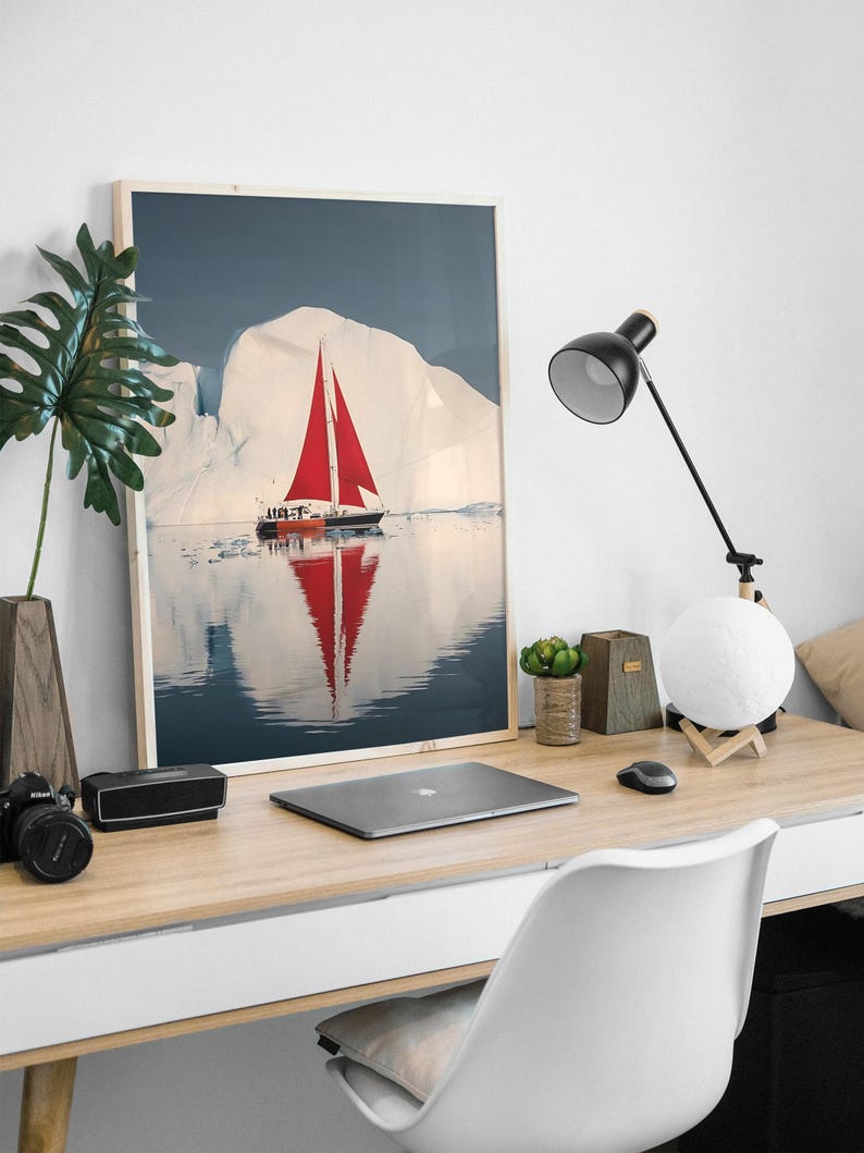 Arctic Red Sailboat Print, Retro Ocean Reflection Decor (digital ...