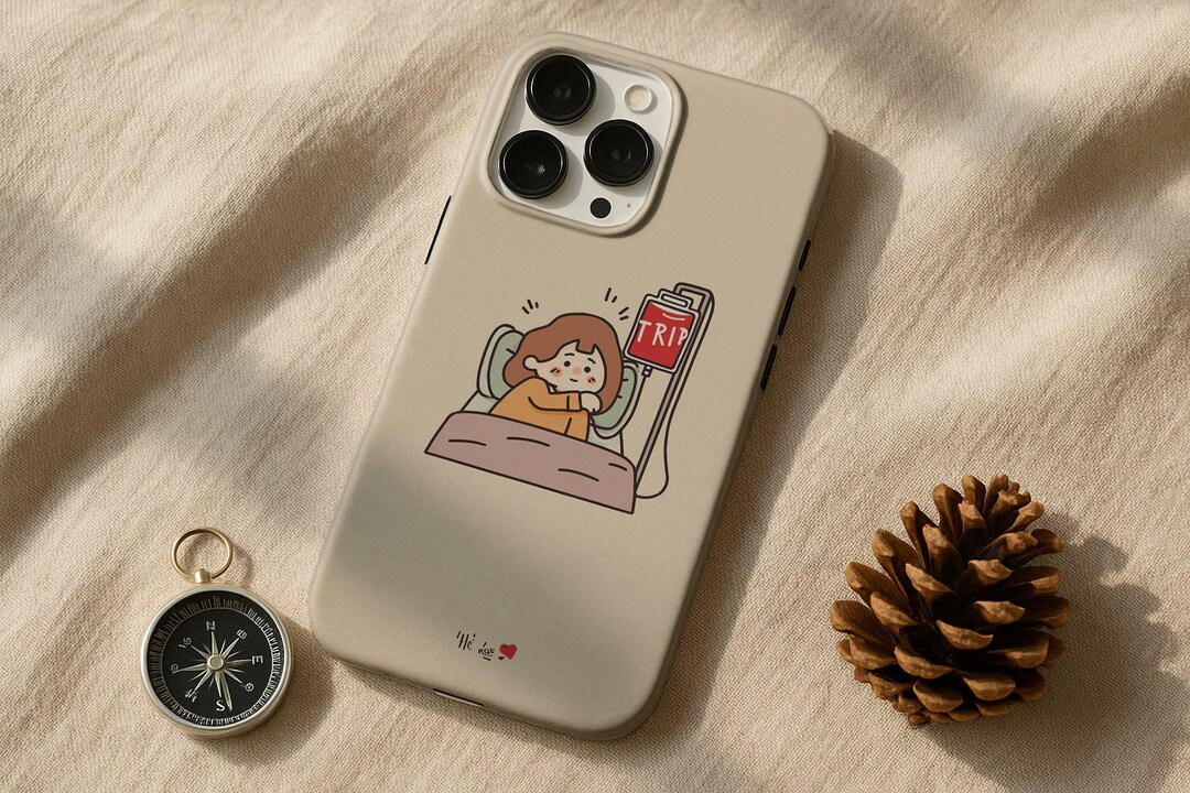 Cute Sick Girl IV Drip Cartoon Phone Case - Adorable Minimalist Medical ...