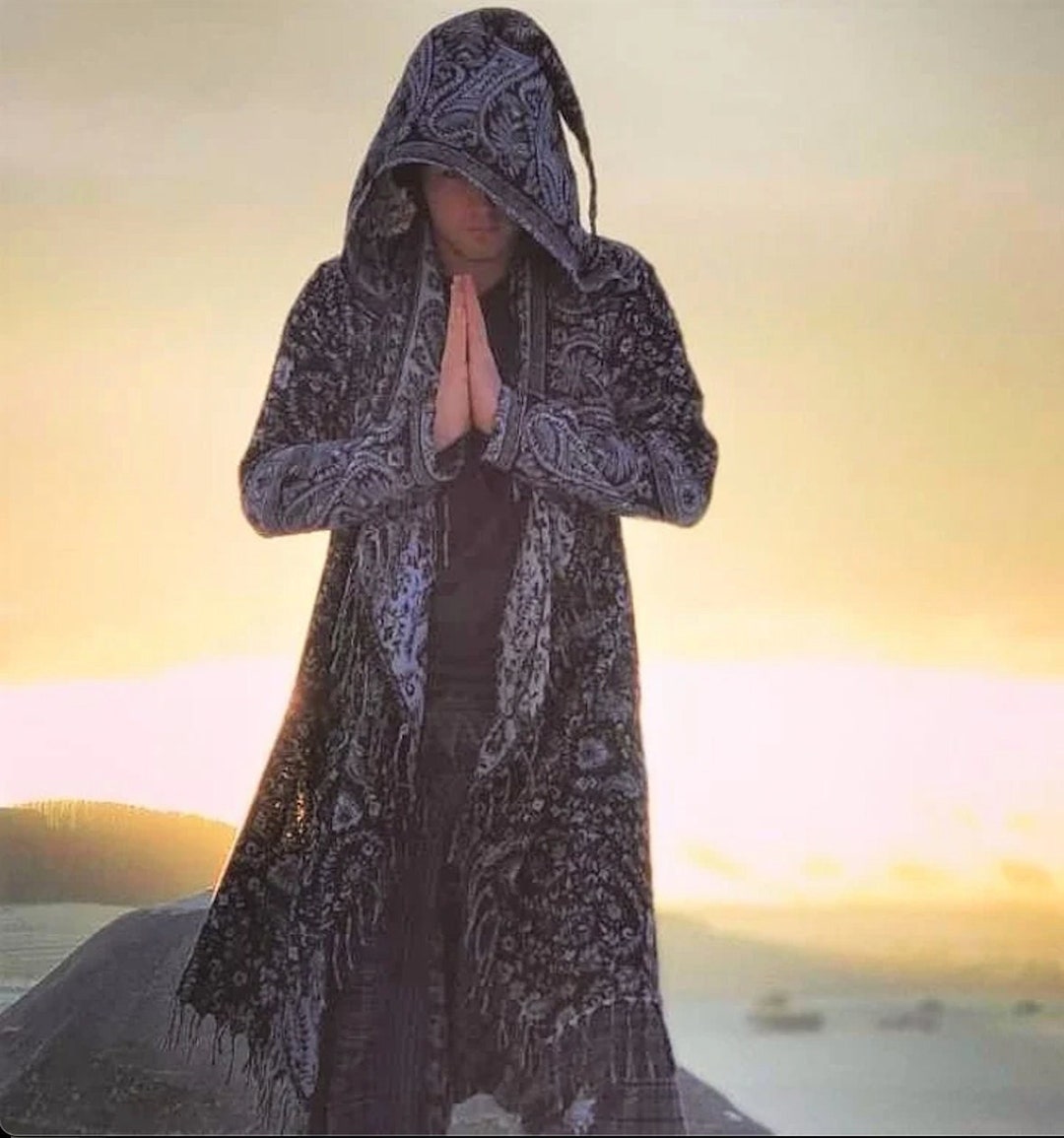 Hooded Fringe Coat - Black and White Hippie | Cloak | Wizard Cloak ...