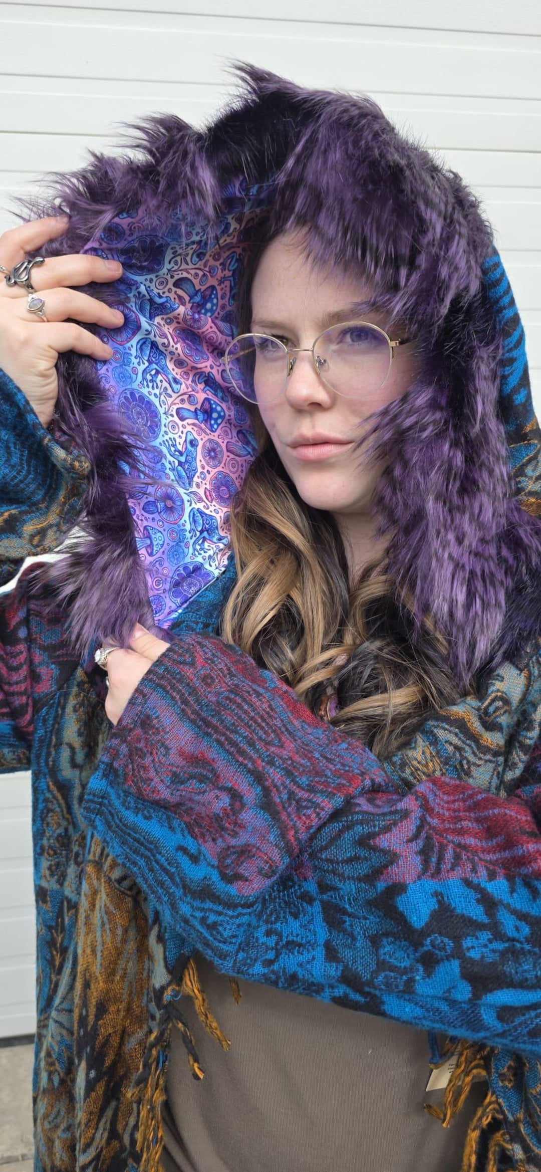 Purple Fur Hooded Cloak - Boho Festival Fringe Coat With Secret Pocket ...