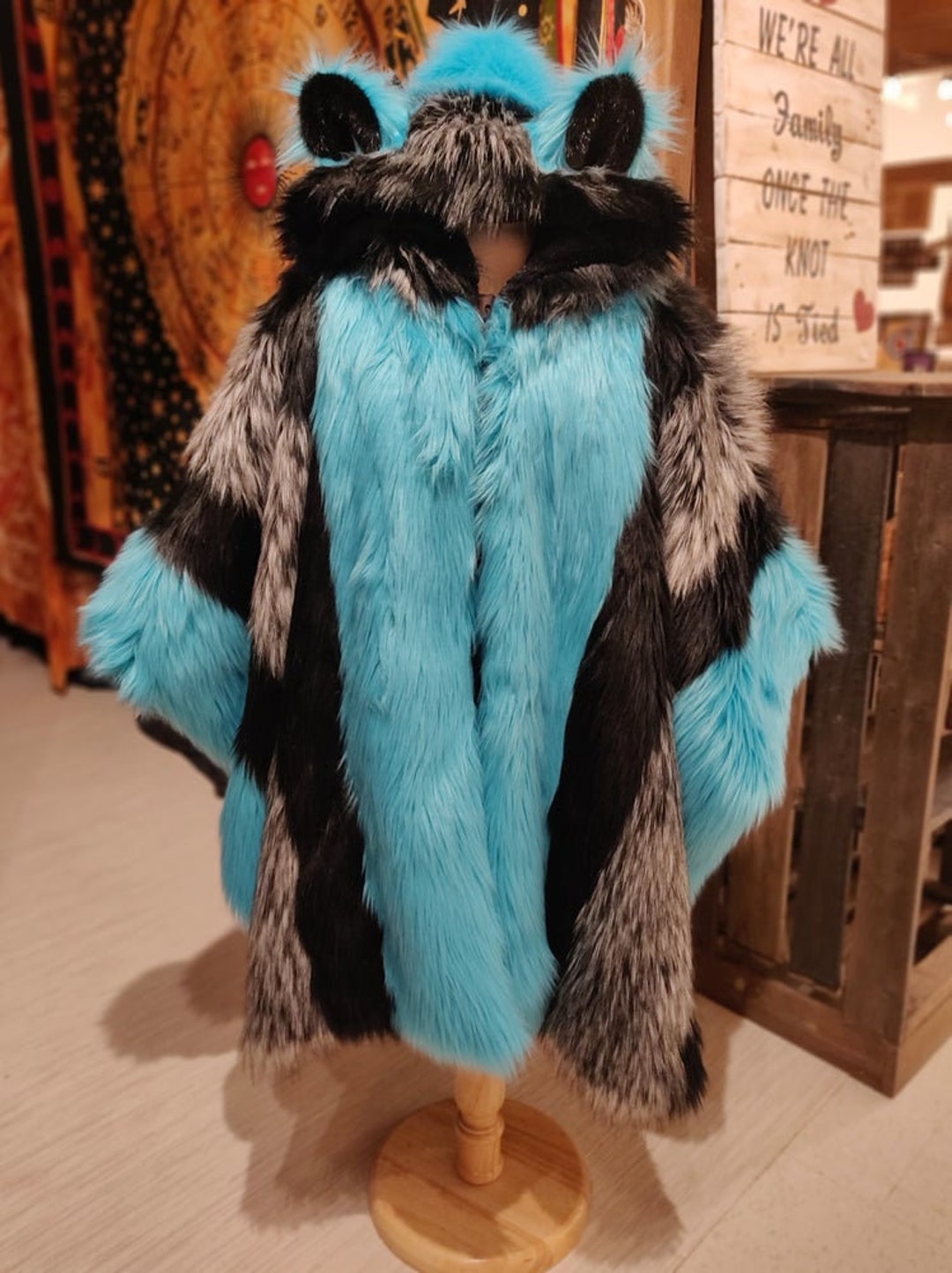 Fun Fur Poncho Blue Husky - Bolli Bear Hood - Festival Hood/ Rave Wear ...
