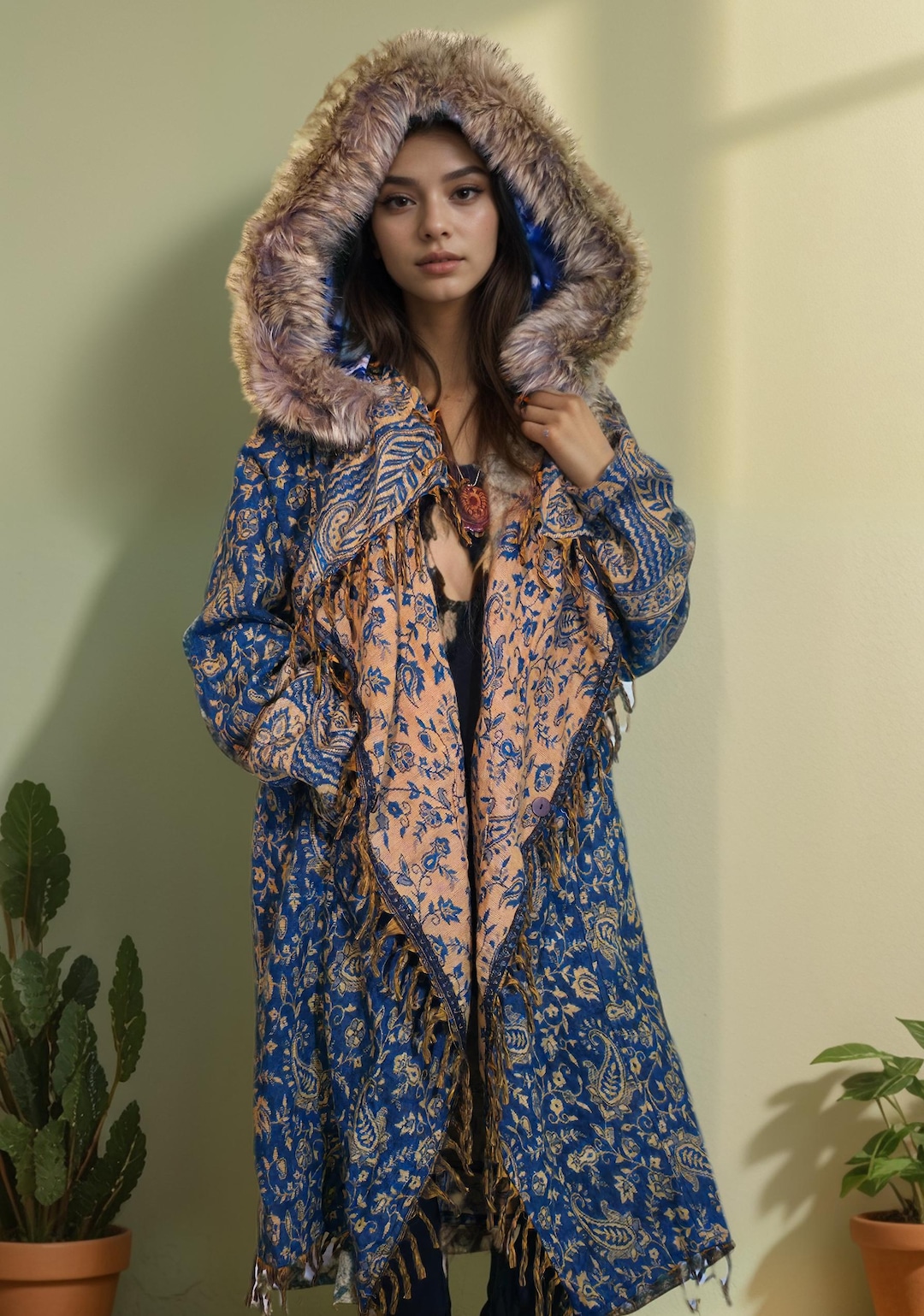 Teal Paisley Hooded Fringe Coat - Boho Wizard Cloak - Etsy