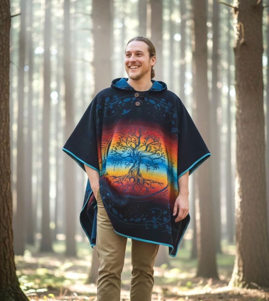 Ecuador Tree of Life Poncho | Warm Acrylic Wool Feel Hooded Poncho ...