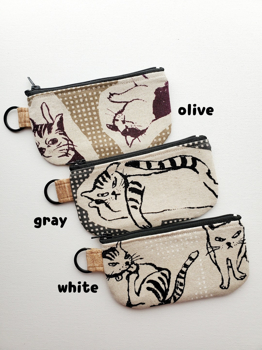 Flat Pouch With a Key Ring 5 Zipper, Lazy Cat Print - Etsy