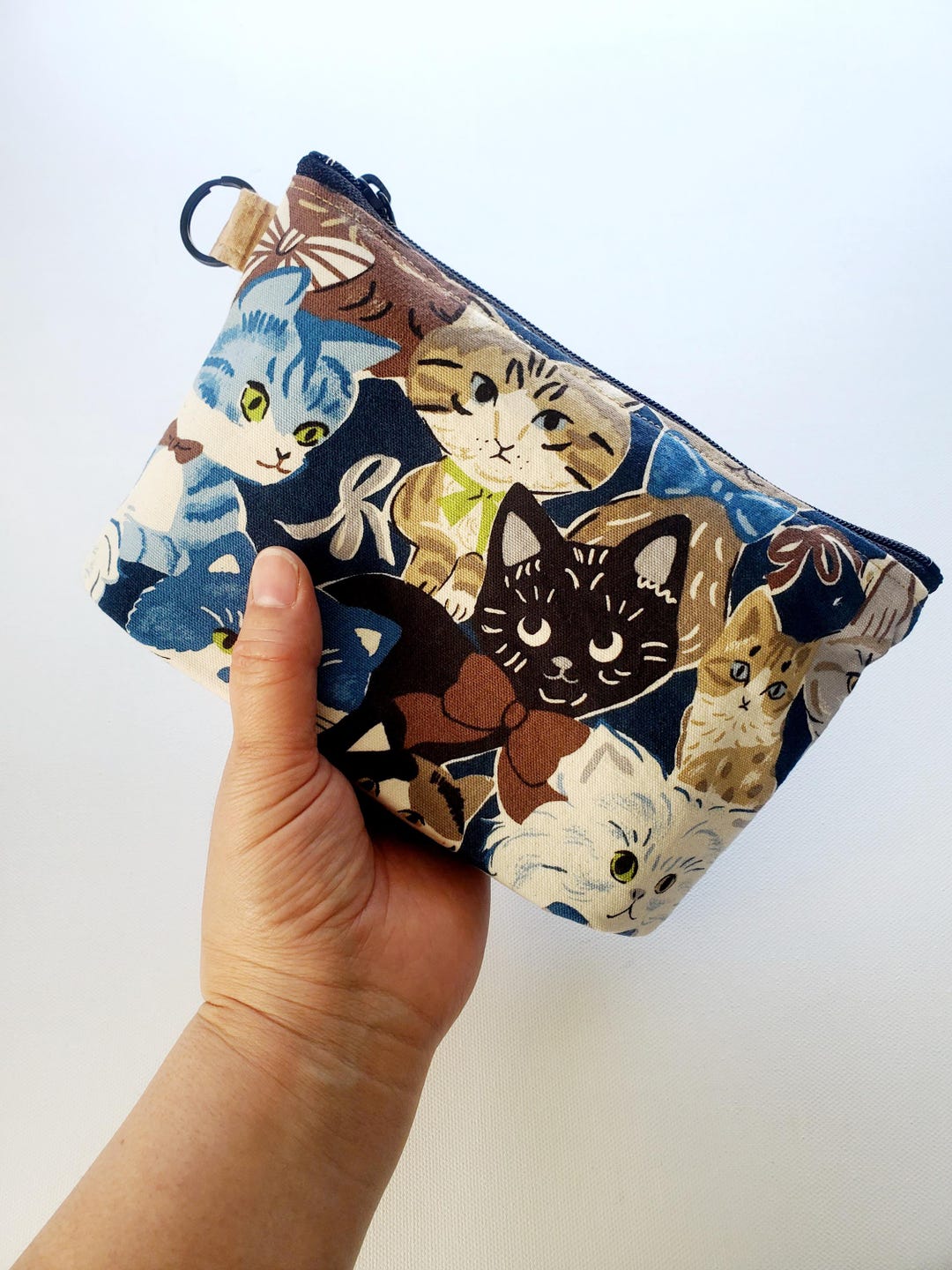 Standing Pouch With a Key Ring - 8"w Zipper, Fancy Cats, Blue - Etsy