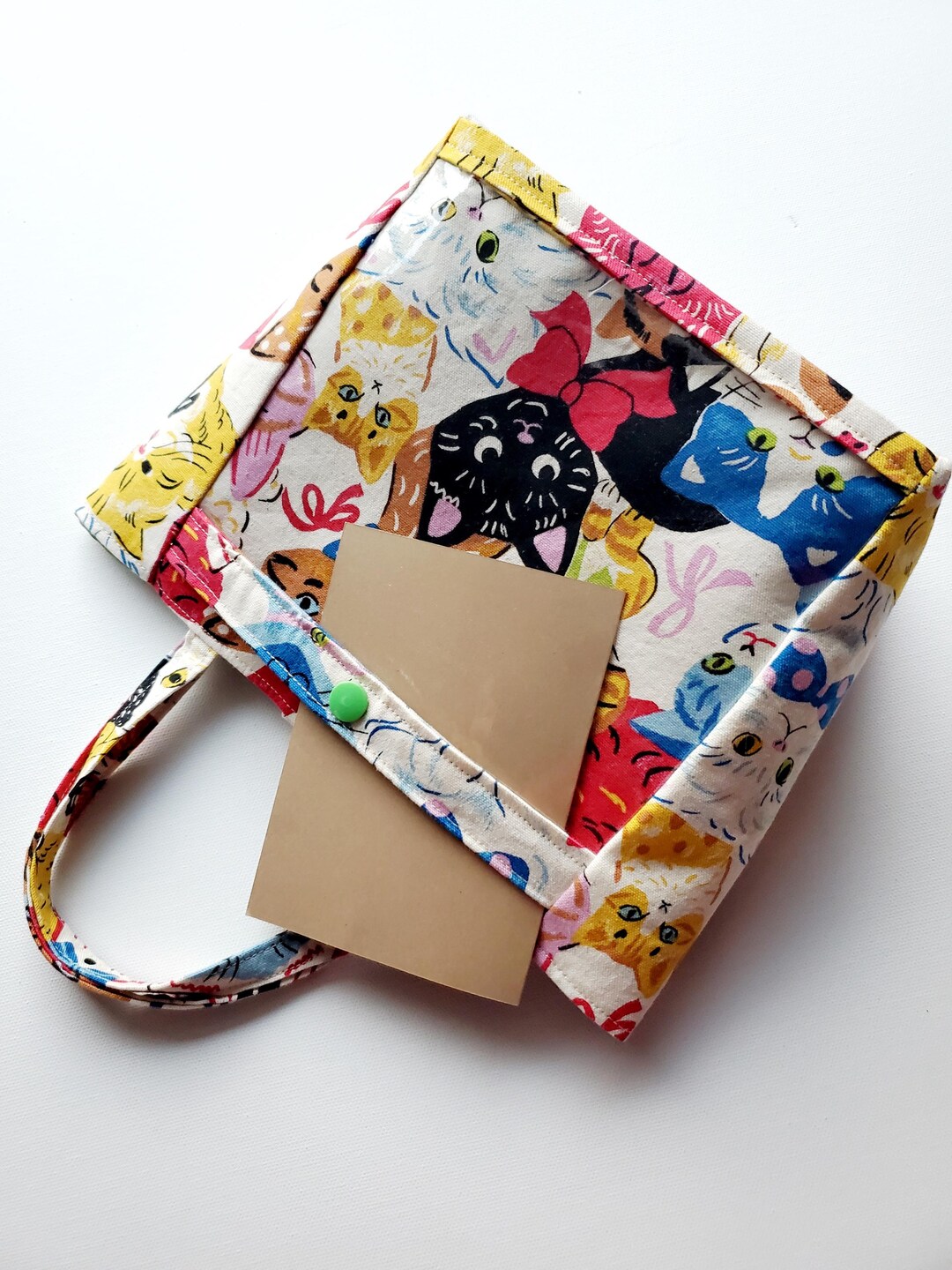 Mini Tote Bag With a Clear Pocket - Fancy Cats, Multi on White - Etsy