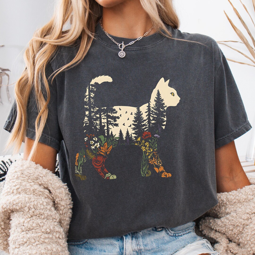 Boho Cat Plants Shirt: Nature Trees Wild Flowers Tees, Women Cat Lovers ...